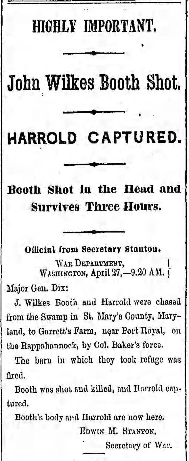 156th Anniversary of the Death of John Wilkes Booth - History - The ...